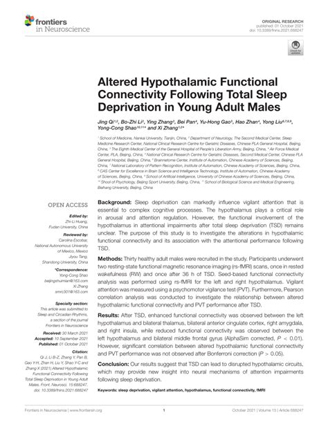 Pdf Altered Hypothalamic Functional Connectivity Following Total Sleep Deprivation In Young