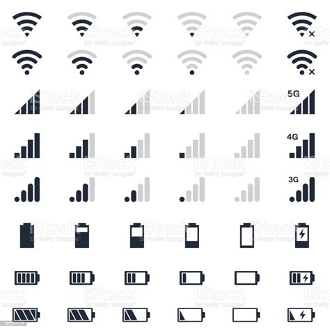 모바일 Interace 아이콘 배터리 충전 와이파이 신호 모바일 신호 레벨 아이콘 세트 아이콘에 대한 스톡 벡터 아트 및 기타 이미지 Istock