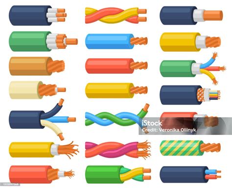 전기 케이블은 유연한 전기 장비를 전선 구리 코어 전기 케이블 멀티 코어 하드웨어 전기 와이어 벡터 일러스트 레이션 세트 전기 케이블 와이어 케이블에 대한 스톡 벡터 아트