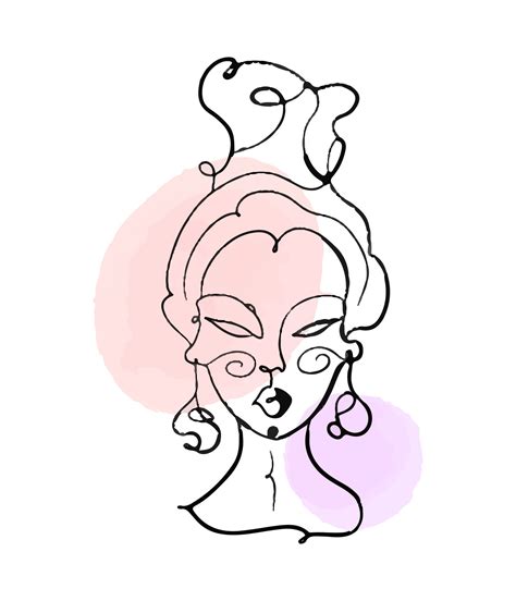 Simple Minimalist Vector Illustration Of Beautiful Woman Face Line Drawing With Watercolor