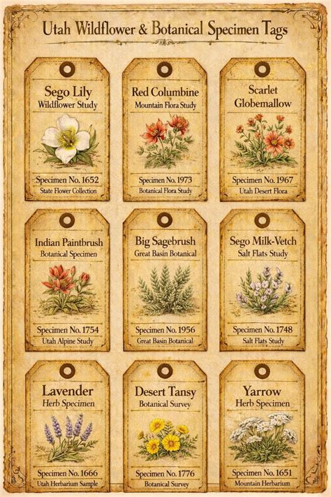 Utah Wildflower Specimen Tags Printable Vintage Botanical Junk Journal