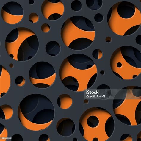 종이 컷 스타일로 다양한 크기의 원이 잘라추상 배경 둥근 구멍이 있는 3d 배경레이어 진한 회색과 주황색 모양의 벡터 카드 일러스트레이션이 골판지에서 잘라냅니다 구멍에 대한