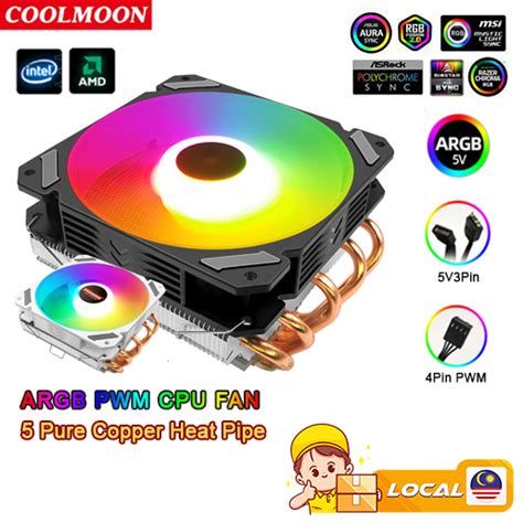 Coolmoon ARGB PWM CPU Cooler 5 Copper Heatpipe Heatsink Fan Intel 775 115X 1200 1366 AMD AM2 3 4