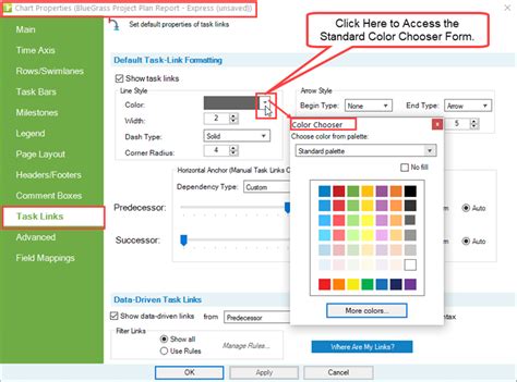 Editing Task Links With The Chart Properties Form For Onepager Express
