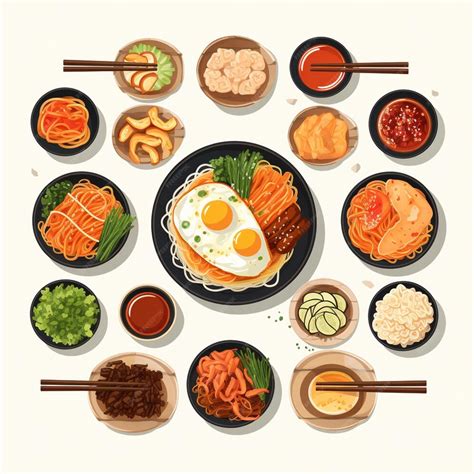 韓国 ベクター アジア イラスト メニューセット 伝統的なレストラン 韓国 料理 料理 Premium Ai生成ベクトル画像
