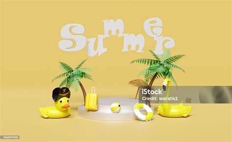 야자수 여행 가방 풍선 플라밍고 오리 구명 부표 노란색 배경에 격리된 우산이 있는 실린더 무대 연단 쇼핑 여름 세일 개념 3d 그림 3d 렌더링 3차원 형태에 대한 스톡