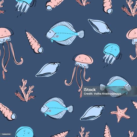 물고기 불가사리 조개 산호와 원활한 패턴 해양 배경입니다 섬유 배경 화면에 인쇄 스케치 스타일의 벡터 일러스트레이션 나선형에
