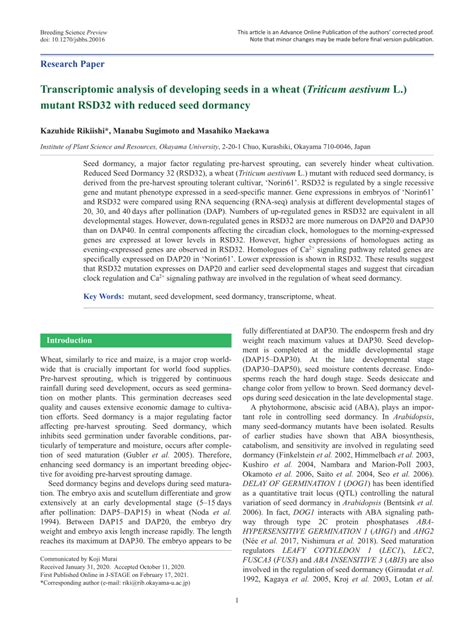 Pdf Transcriptomic Analysis Of Developing Seeds In A Wheat Triticum Aestivum L Mutant Rsd32