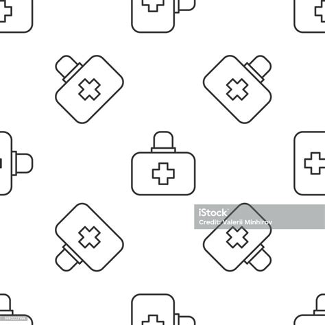 회색 라인 응급 처치 키트 아이콘 흰색 배경에 절연 원활한 패턴 십자가가 있는 의료 상자 응급 의료 장비 헬스케어 개념 벡터 구급 상자에 대한 스톡 벡터 아트 및 기타