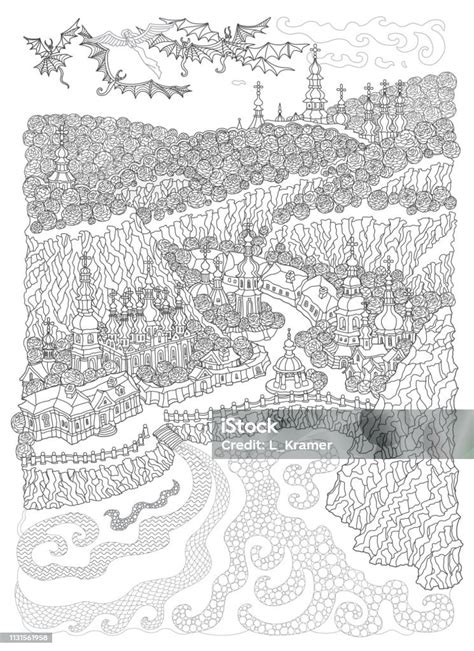 벡터 흑백 개요 윤곽 판타지 풍경 동화 작은 마을 건물과 나무 강둑에 교회 하늘에 천사와 악마 T 셔츠 프린트 성인과 어린이 색칠 하기 책 페이지 공중 뷰에 대한 스톡 벡터