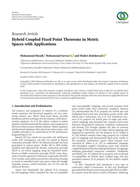 Pdf Hybrid Coupled Fixed Point Theorems In Metric Spaces With