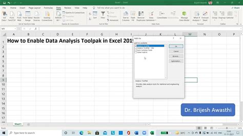 How To Enable Data Analysis Toolpak In Excel 2019 By Dr Brijesh Awasthi