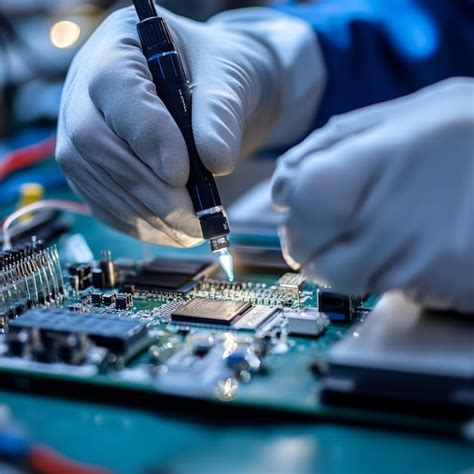 Worker Wearing Gloves Testing Electronic Components With Specialized Equipment Electronic