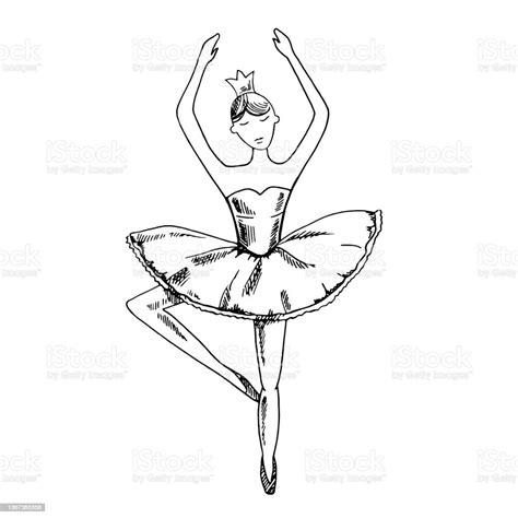 발레리나 손으로 그린 잉크 스케치 흰색 배경 빈티지 벡터 일러스트에 윤곽선 라벨 포장 및 카드 디자인을위한 빈티지 스케치 요소