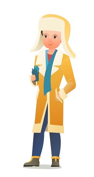 겨울 옷을 입은 어린 소년 양가죽 코트와 따뜻한 모자 겨울에 십대 쾌활한 사람 스탠딩 포즈 만화 만화 스타일의 평면 디자인 단일