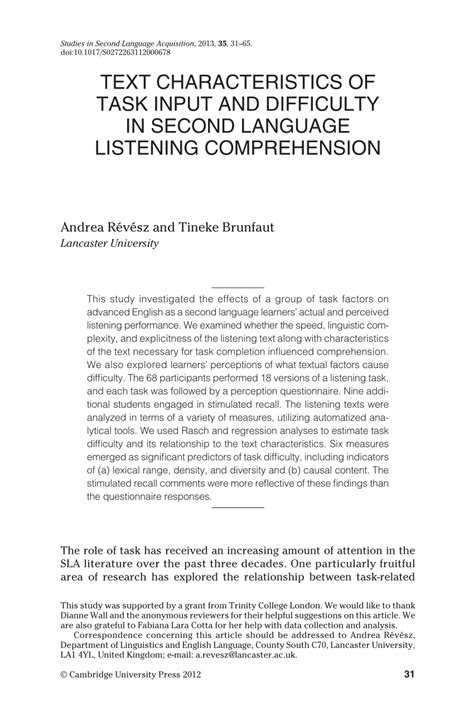 Pdf Text Characteristics Of Task Input And Difficulty In Second Language Listening Comprehension