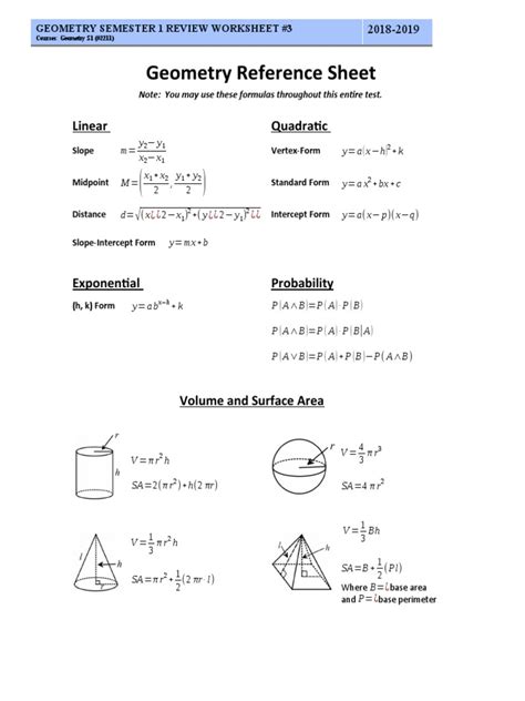 Geometry Reference Sheet For Review Pdf Angle Line Geometry