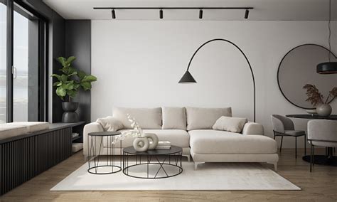 주방과 식사 공간이 있는 거실의 현대적인 인테리어 디자인 현대적인 디자인의 고급스러운 아파트 배경 벽 모형 3d 렌더링 3d