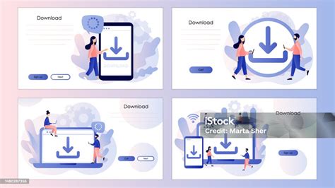 개념을 다운로드합니다 설치 기호 스마트 폰 노트북에서 데이터 파일을 다운로드하는 작은 사람들 로드 기호 방문 페이지 템플릿 Ui 웹 모바일 앱 포스터 배너 전단지에 대한
