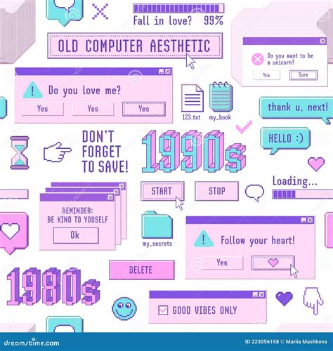 Old Computer Aestethic 1980s 1990s Set With Retro Pc Elements User Interface Icons Pixel