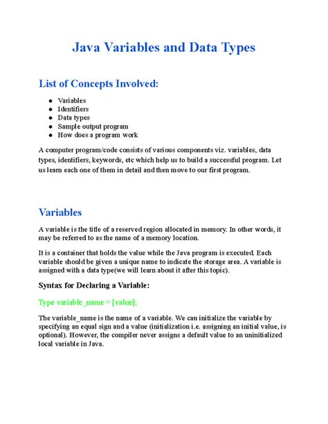 Java Variables And Data Types Variables Data Types Identifiers