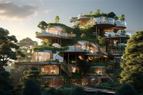 Premium Photo Architectural Design Featuring Green Building Generative Ai