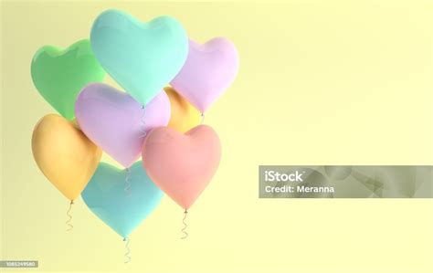 현실적인 파스텔 컬러 광택 하트 풍선의 3d 렌더링 그림 발렌타인 데이 낭만적인 우아한 14 2 월 인사말 카드 파티 프로 모션 소셜 미디어 배너 포스터에 대 한 빈 공간