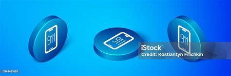 파란색 배경에 격리 된 긴급 통화 911 아이콘이있는 등색 휴대 전화 경찰 구급차 소방서 전화 전화 파란색 원 버튼입니다 벡터 3차원 형태에 대한 스톡 벡터 아트 및 기타