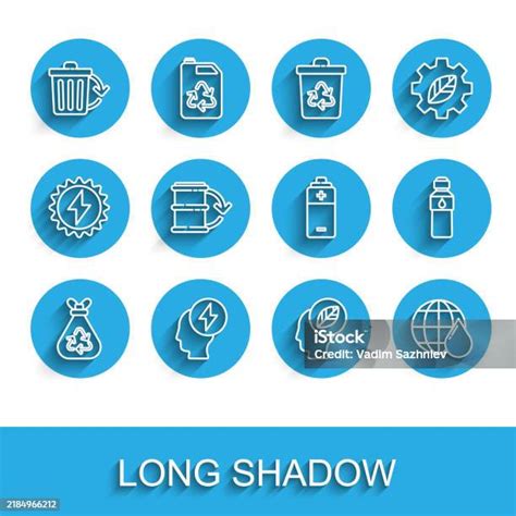 재활용 머리 및 전기 기호 재활용 쓰레기통 내부의 인간 머리 잎 지구 행성 물방울 에코 연료 배럴 병 및 배터리 아이콘과 함께 세트 라인 쓰레기 봉투 벡터 가을에 대한 스톡