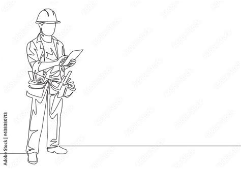 One Continuous Line Drawing Of Young Building Foreman Controlling Workman Work At Construction