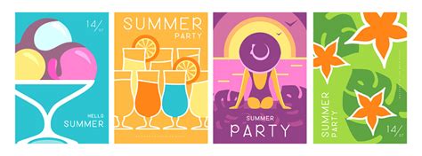 여름 속성을 가진 화려한 여름 포스터 세트입니다 칵테일 실루엣 데킬라 일출 아이스크림 열대 잎 해변의 소녀 벡터 일러스트 레이