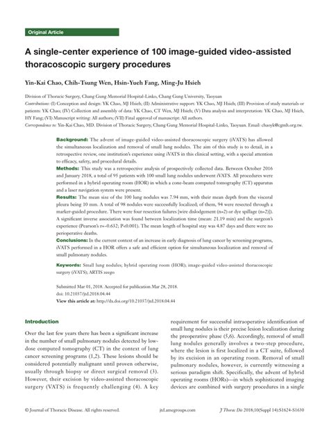 Pdf A Single Center Experience Of 100 Image Guided Video Assisted Thoracoscopic Surgery Procedures