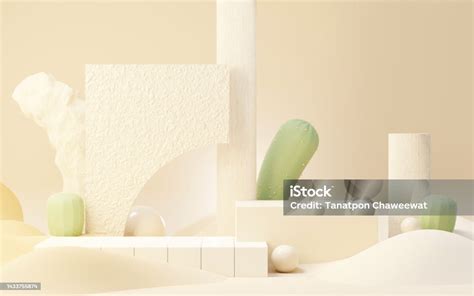3d 선인장과 샌즈 사막 미니 테마로 브라운 크림 연단을 모의하십시오 제품 및 화장품 프리젠 테이션을위한 받침대 단계 광고를위한 추상적 인 다채로운 장면 판매 프로모션 배경