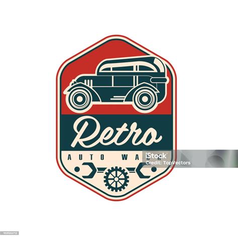레트로 자동 세척 로고 디자인 자동차 서비스 배지 흰색 배경에 레트로 빈티지 라벨 벡터 일러스트 레이 션 0명에 대한 스톡 벡터