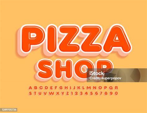 벡터 맛있는 로고 피자 가게 오렌지 알파벳 문자 및 숫자 세트 알파벳에 대한 스톡 벡터 아트 및 기타 이미지 알파벳 이탈리아 문화 건강에 좋지 않은 음식 Istock