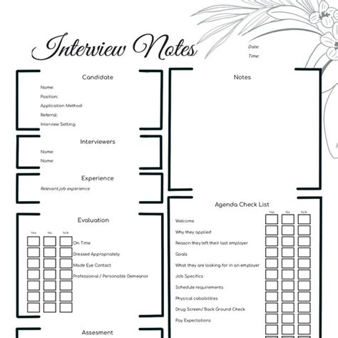 Interview Notes Template Etsy