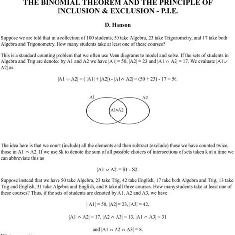 University Of Regina Math Central The Binomial Theorem And The Principle Of Inclusion