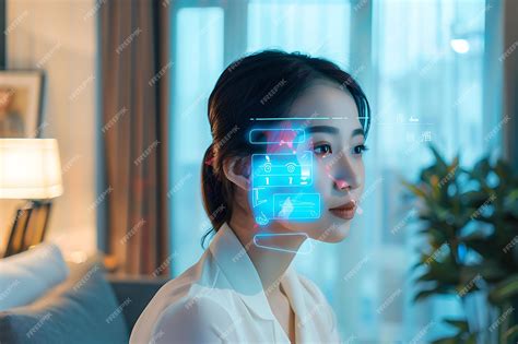 Woman With Futuristic Facial Recognition Interface Premium Ai Generated Image