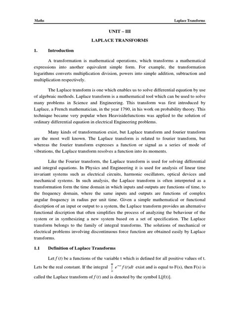 Unit Iii Laplace Transform Pdf Pdf Fourier Transform Equations