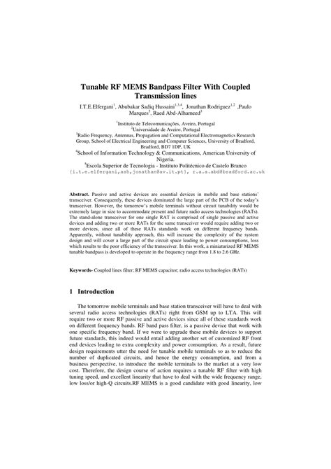 Pdf Tunable Rf Mems Bandpass Filter With Coupled Transmission Lines