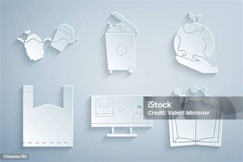 세트 플라스틱 오염을 중지 손으로 들고 지구 지구 비닐 봉지 오픈 북 휴지통 및 바다 아이콘의 문제 벡터 3차원 형태에 대한 스톡 벡터 아트 및 기타 이미지 Istock