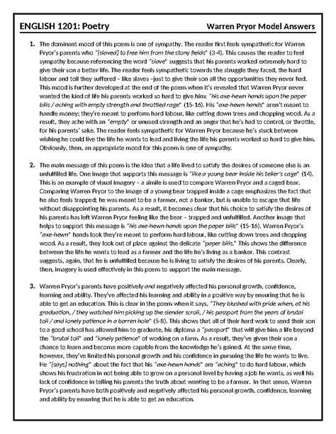 Warren Pryor Model Answers English 1201 Poetry Warren Pryor Model Answers 1 The Dominant