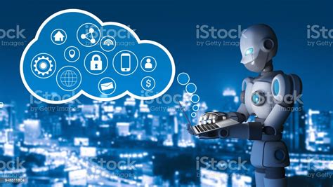 로봇 원 포인터 도시 Infographic 서식 파일에서에서 노트북 컴퓨터를 사용 하 여 미래 기술 개념 3 차원 일러스트 레이