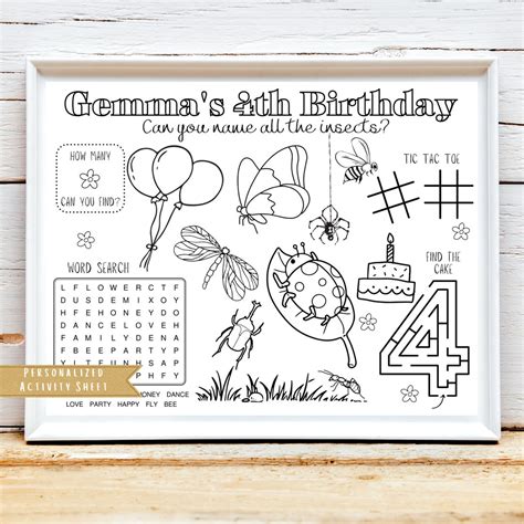 Bugs Birthday Party Activity Sheet Bugs Party Favor Insects Coloring