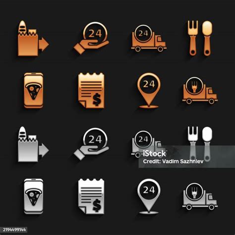종이 또는 금융 수표 포크와 숟가락 자동차로 빠른 배송 시계 둥글게 음식 주문 피자 온라인 및 시계 24 시간 아이콘 설정 벡터 24에 대한 스톡 벡터 아트 및 기타 이미지