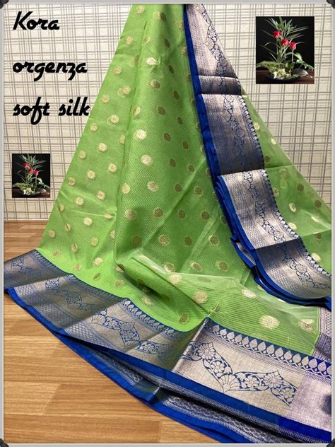 Party Wear Green Banarasi Soft Kora Organza Saree 90 Cm 55 Meter At