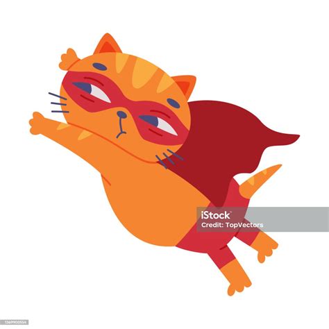 슈퍼 히어로 생강 고양이 착용 빨간 마스크와 케이프 비행 데 전원 벡터 일러스트 고양잇과에 대한 스톡 벡터 아트 및 기타 이미지