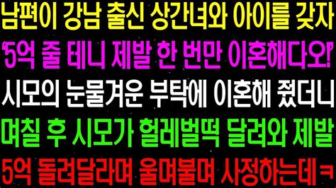 실화사연 남편이 강남 출신 상간녀와 아이를 갖자 시모가 5억 줄 테니 당장 이혼해 달라며 사정 하는데 라디오사연 썰사연 사이다사연 감동사연 Youtube