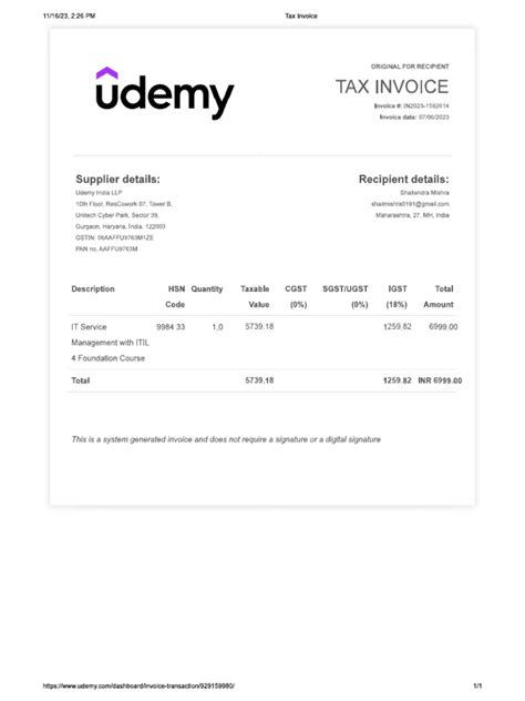 Udemy Tax Invoice 1 Pdf