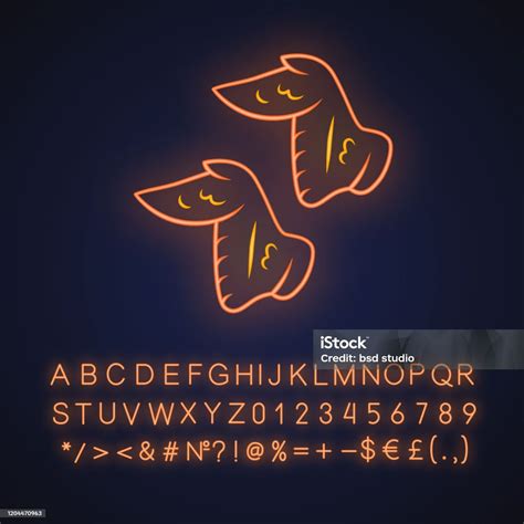 닭 날개 네온 빛 아이콘입니다 정육점 고기 육류 생산 및 판매 단백질 공급원 도살사업 알파벳 숫자 및 기호와 빛나는 기호 벡터 절연 그림 가금류에 대한 스톡 벡터 아트 및